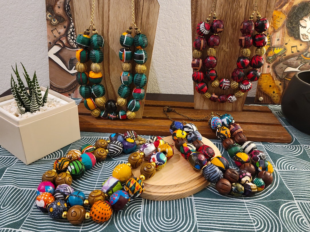 Two-strand Fabric Covered Bead Necklace African Fabric Bead - Etsy