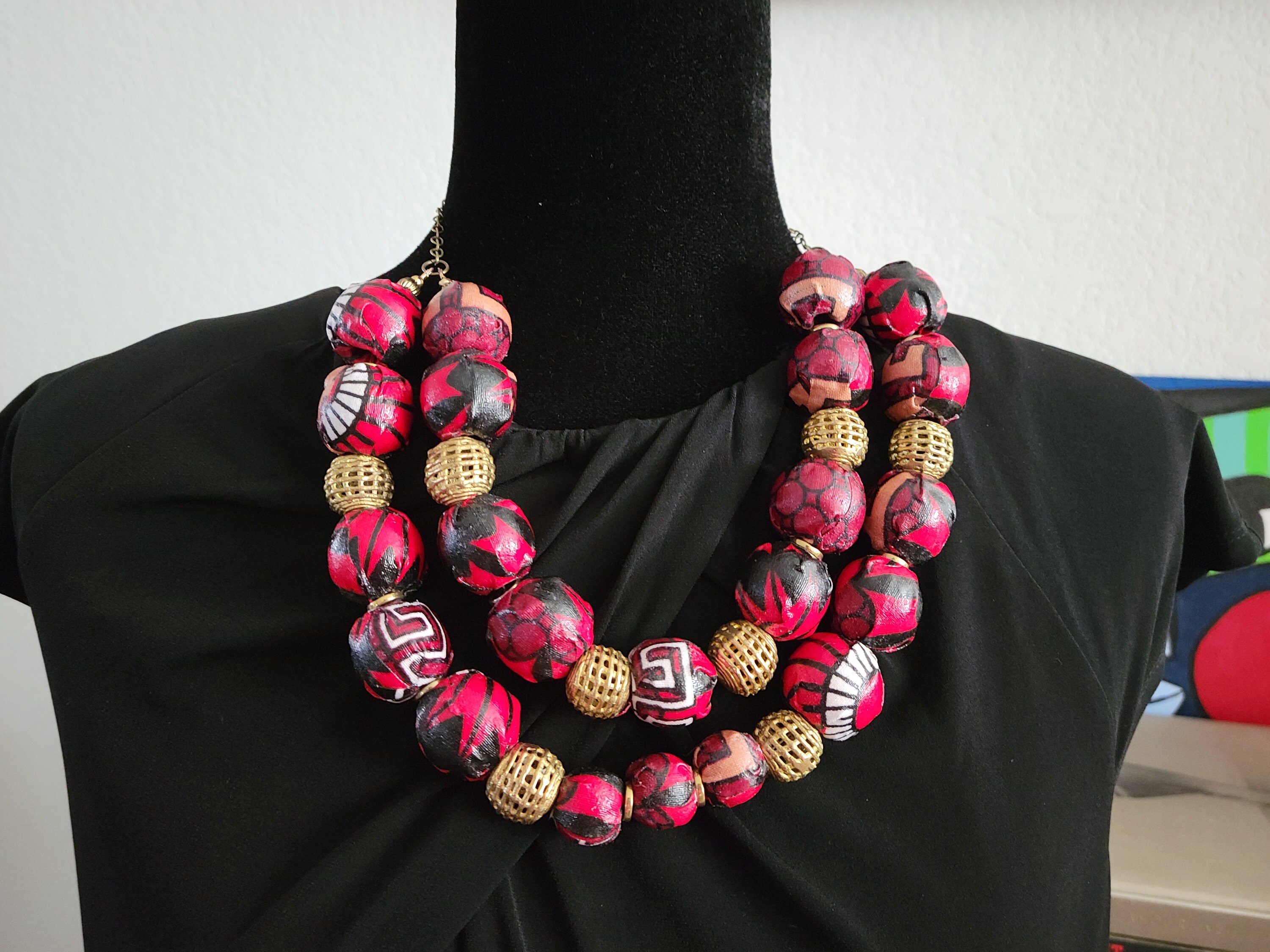 Two-strand Fabric Covered Bead Necklace African Fabric Bead - Etsy