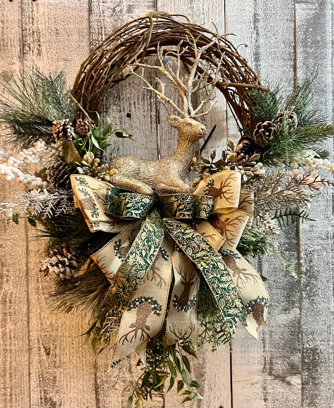 Oh Deer, Elegant Gold Wreath, Front Door Wreath, Deer Wreath, Christmas Wreath, Large Bow, Gold ...