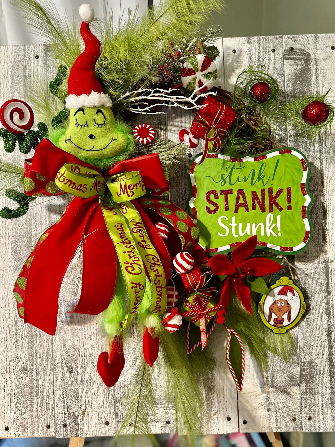 Designer, Super Cute GRINCH Wreath, Front Door, Grinch Christmas Wreath ...