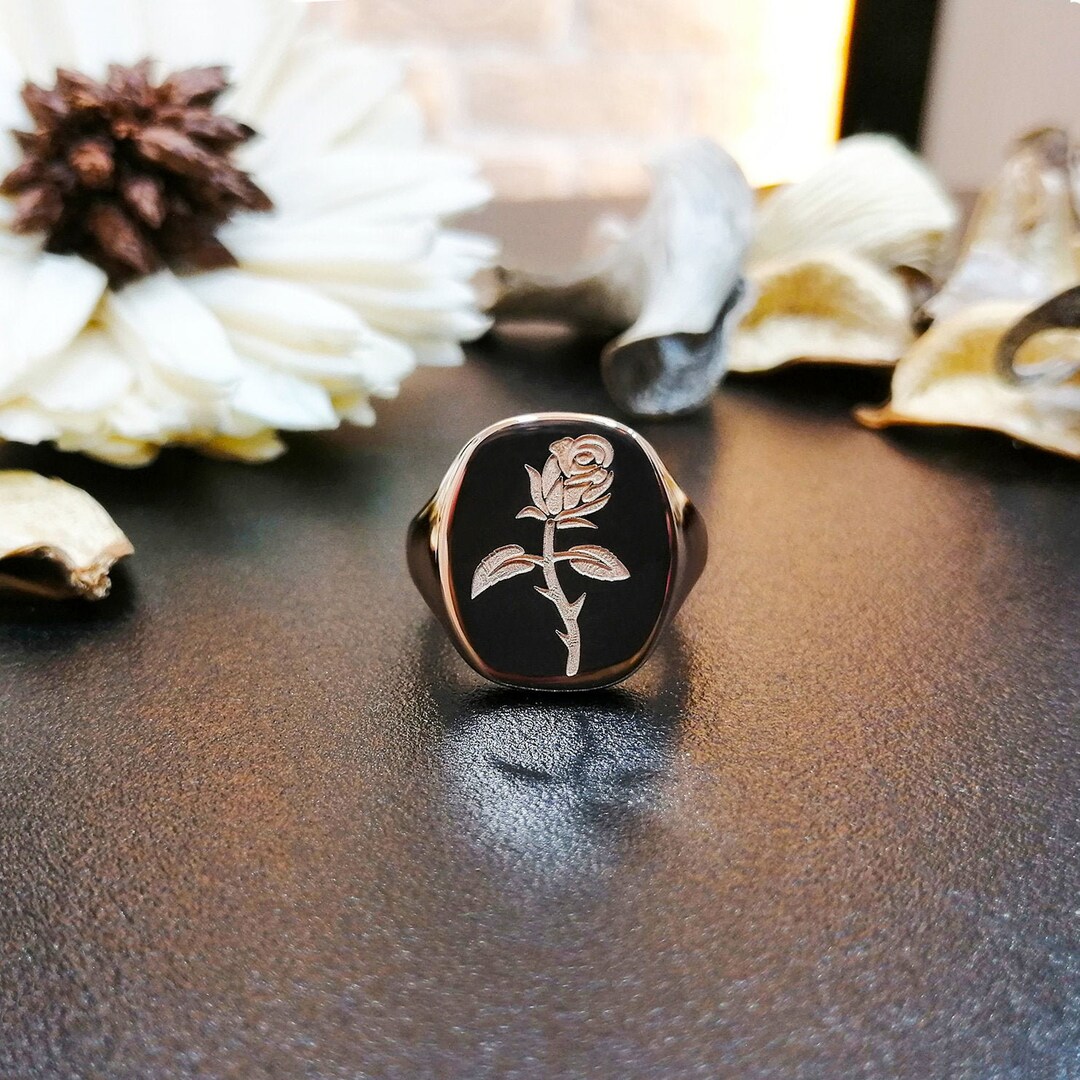Rose Flower Ring, Silver Signet Ring, Birth Flower Ring, Rose Signet ...