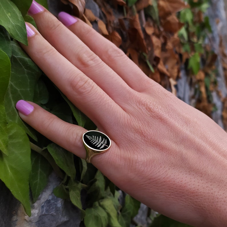 Black Enamel Fern Ring Fern Signet Ring Personalized Gifts | Etsy