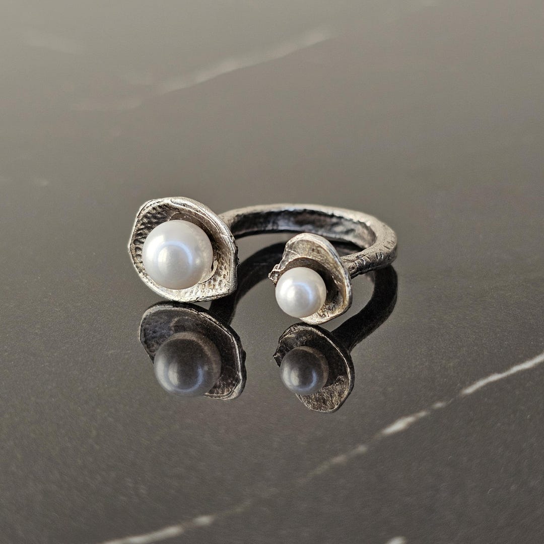 Handmade Sterling Silver Double Pearl Ring: Adjustable Nature Jewelry ...