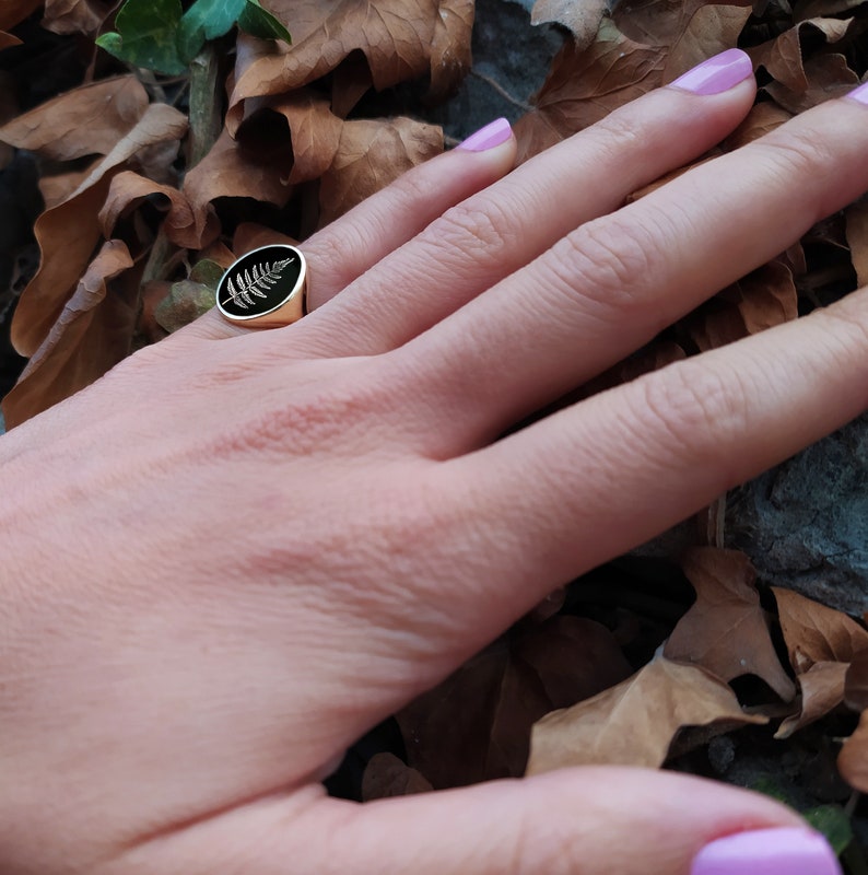 Black Enamel Fern Ring Fern Signet Ring Personalized Gifts | Etsy