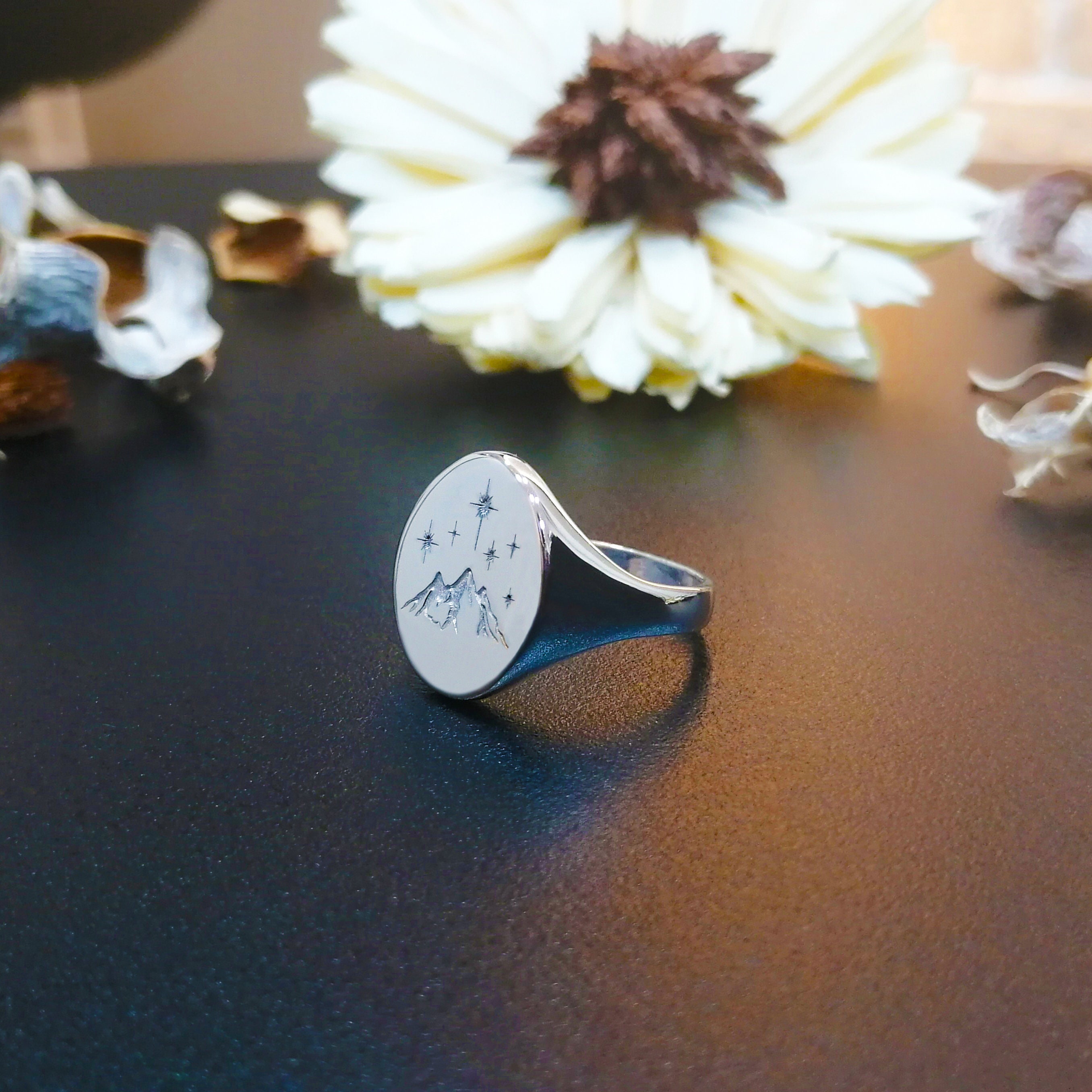 Mountains and Stars Silver Signet Ring Engraved Ring Star - Etsy
