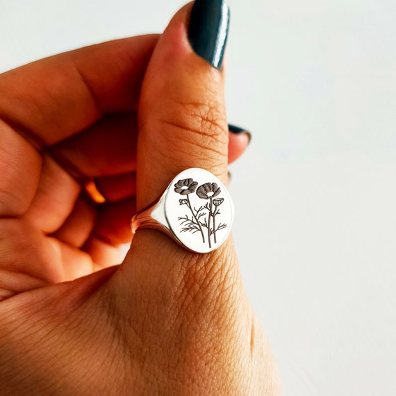 Poppy Ring California Poppy Flower Silver Signet Ring | Etsy