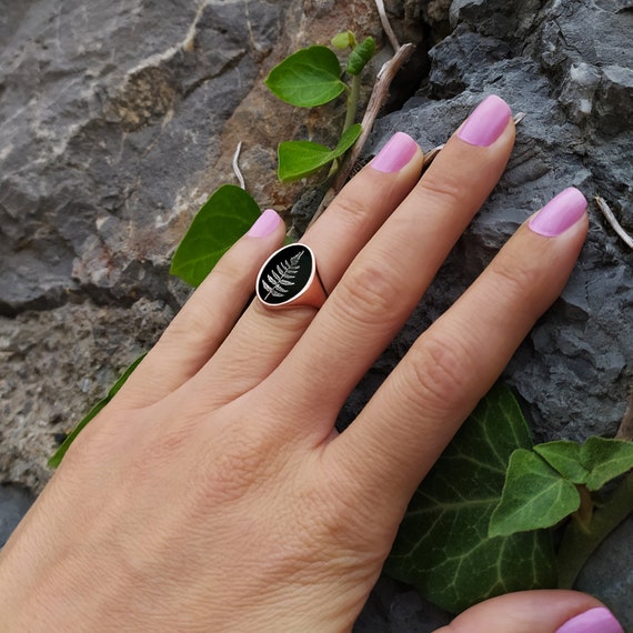 Black Enamel Fern Ring Fern Signet Ring Personalized Gifts | Etsy