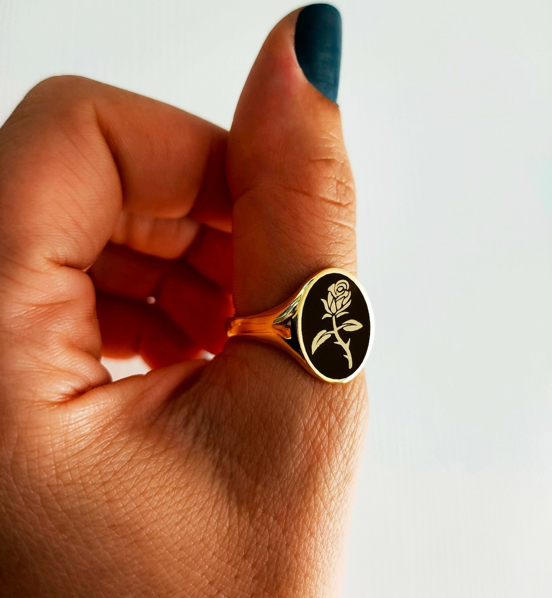 Engraved Rose Signet Ring: Solid Gold or Sterling Silver, Personalized ...
