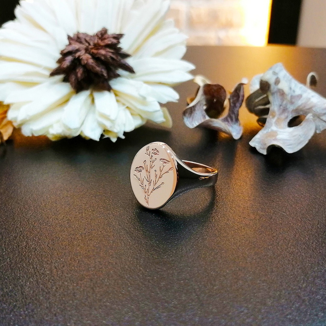 Engraved Wildflower Signet Ring: Solid Gold or Sterling Silver - Etsy
