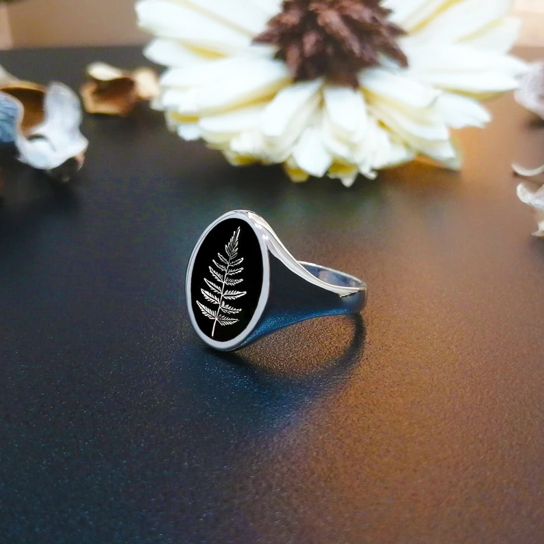 Black Enamel Fern Ring Fern Signet Ring Personalized Gifts | Etsy