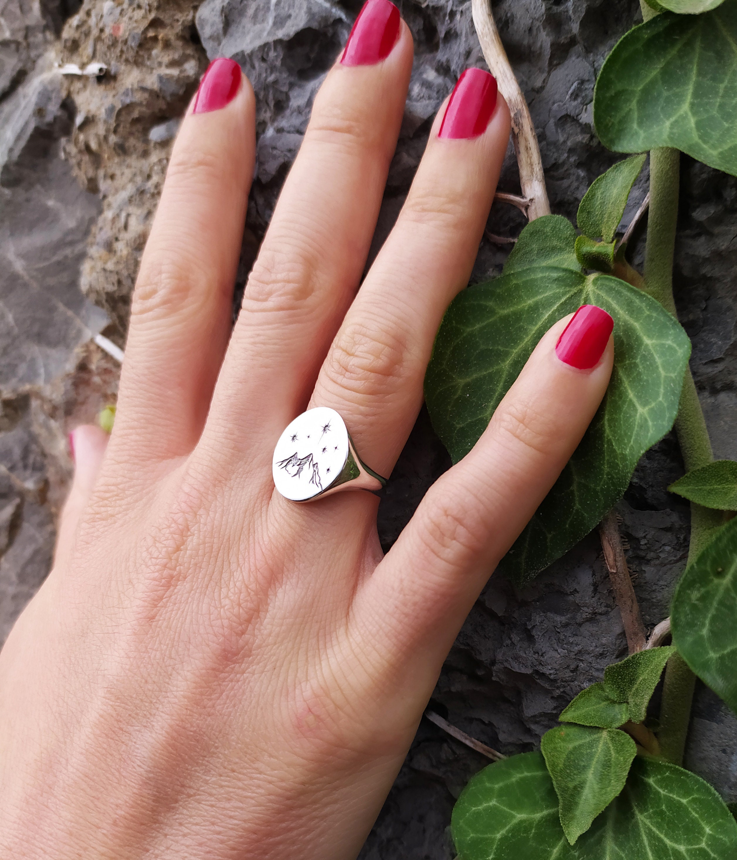 Mountains and Stars Silver Signet Ring Engraved Ring Star - Etsy