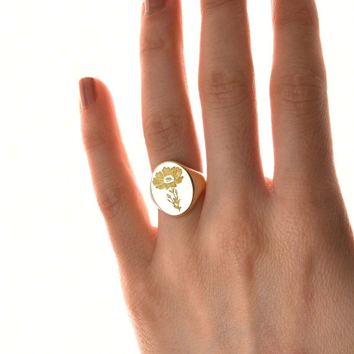 Solid Gold Signet Ring Women Daisy Ring Flower Ring - Etsy