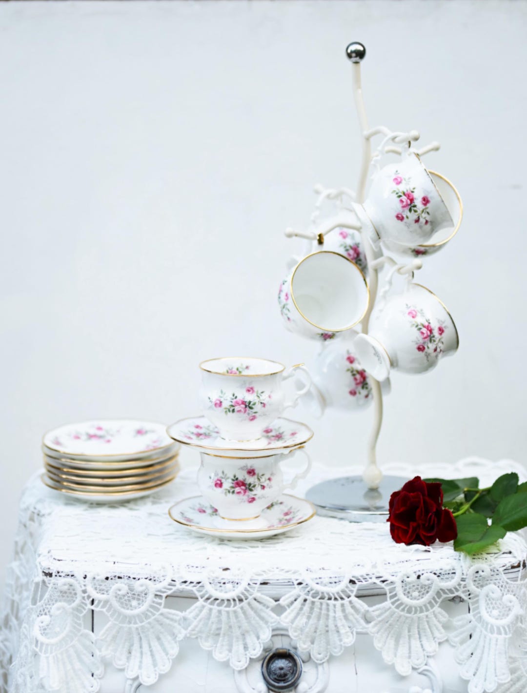 Set Van 8 Elizabethan Fine Bone China Kop En Schotel – Engels Porselein Met Rozen En Goudrand ...