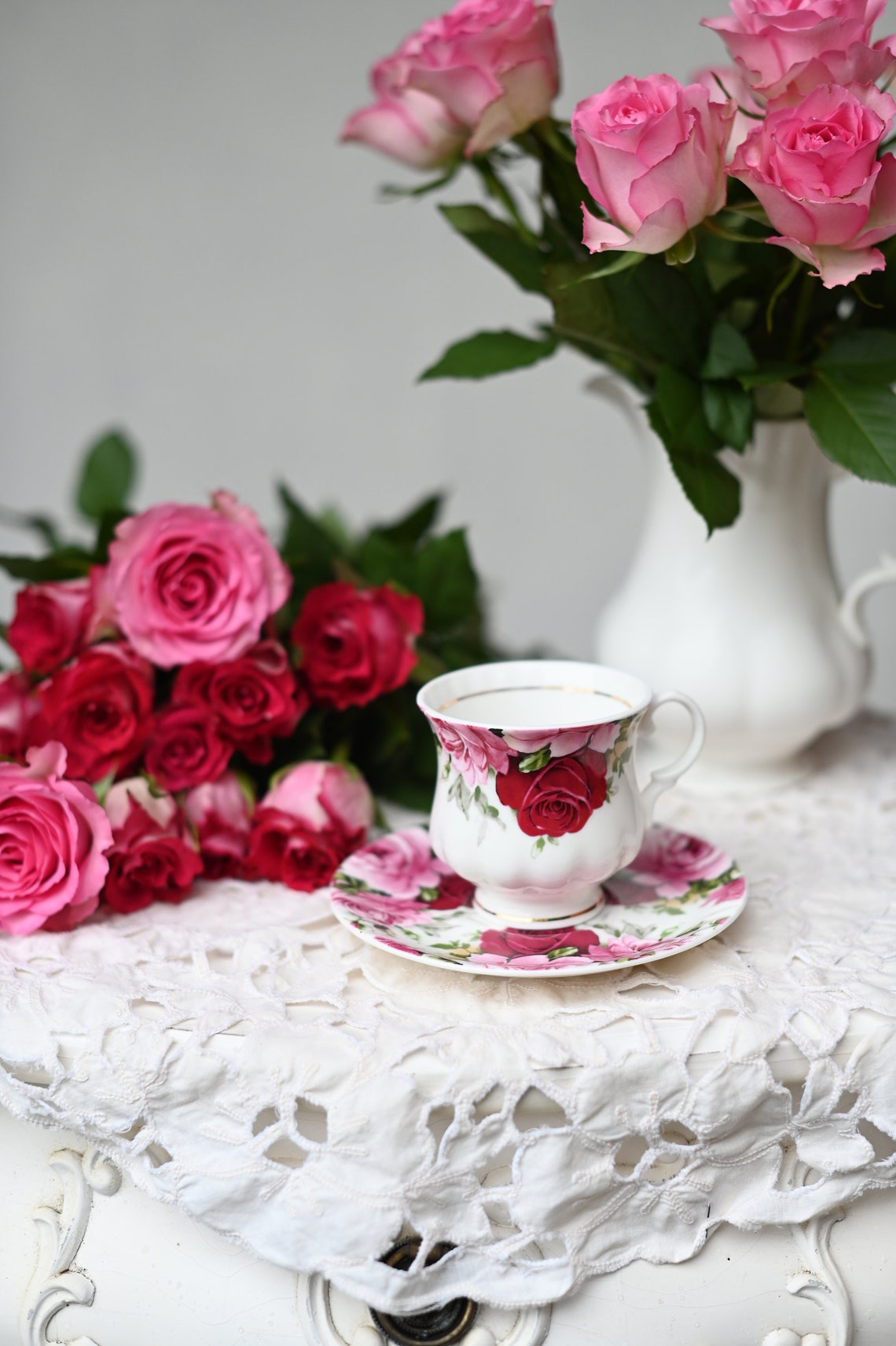Vintage rose Garden Bone China Cup and Saucer. - Etsy