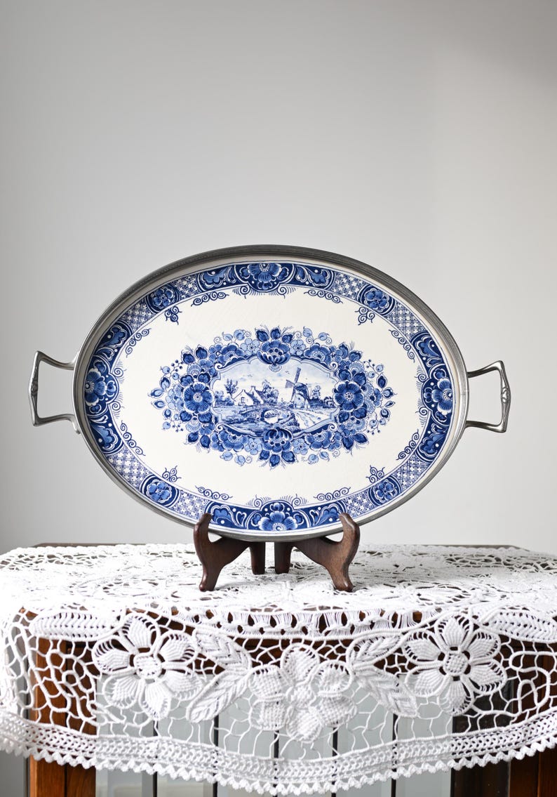 Vintage Delft Blue Serving Tray – Dutch Windmill Scene, Metal Handles ...