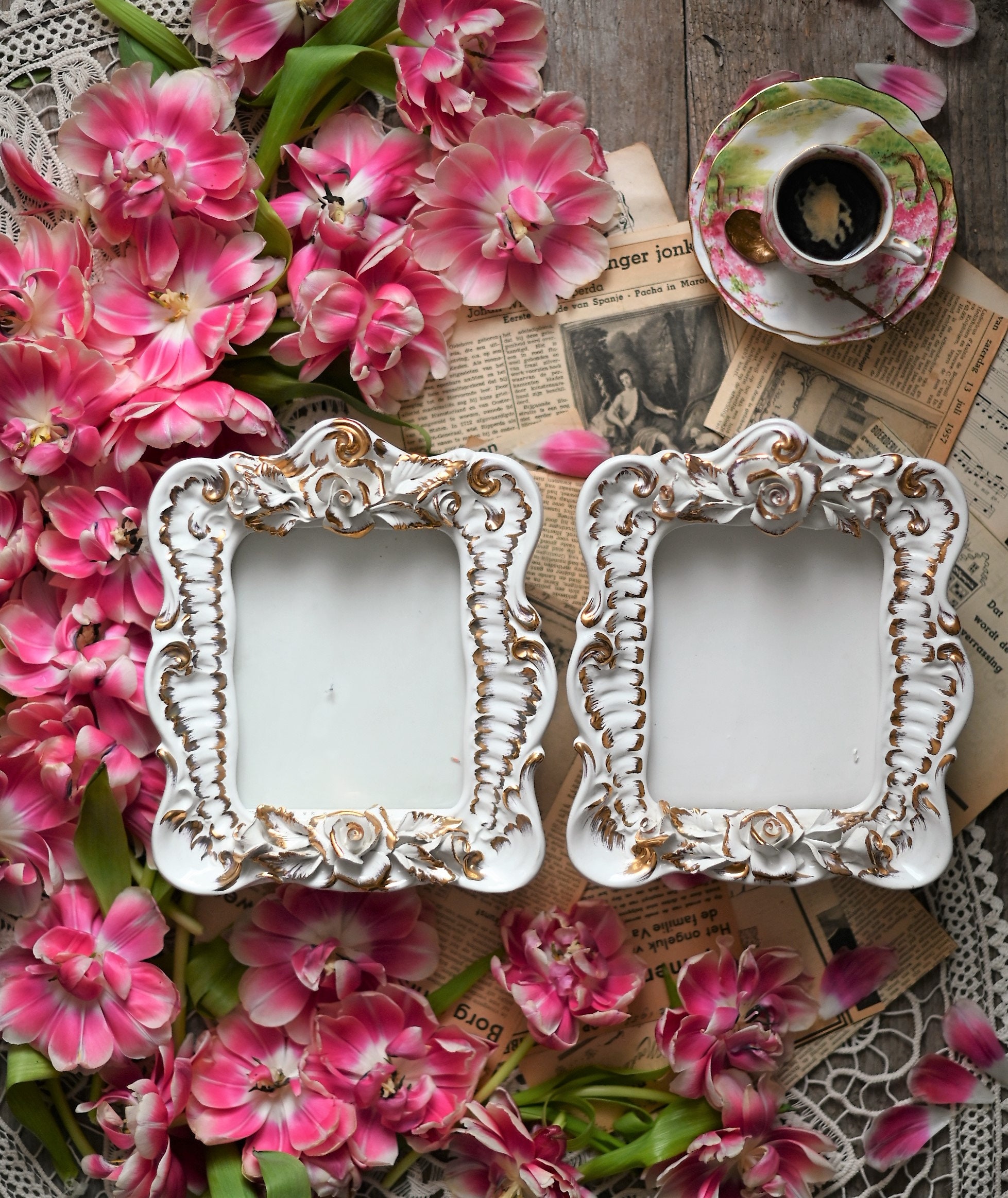 Vintage 2 Picture Frames Capodimonte White Porcelain, With Gold Painted ...