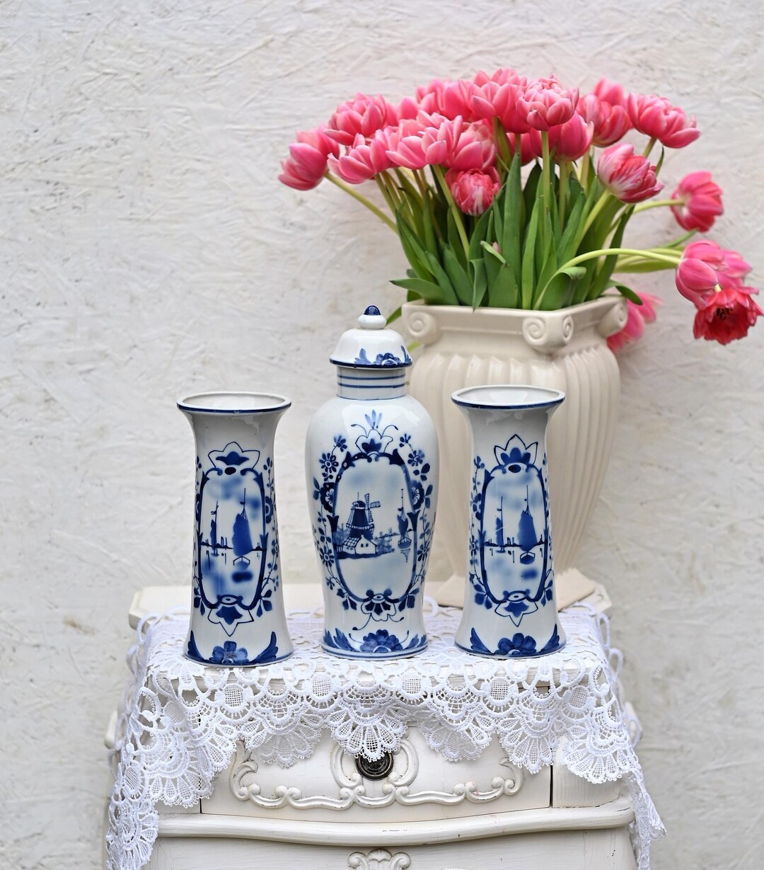 Antique Delft Blue Set, Series With 1 Lidded Pot and 2 Vases. Beautiful ...