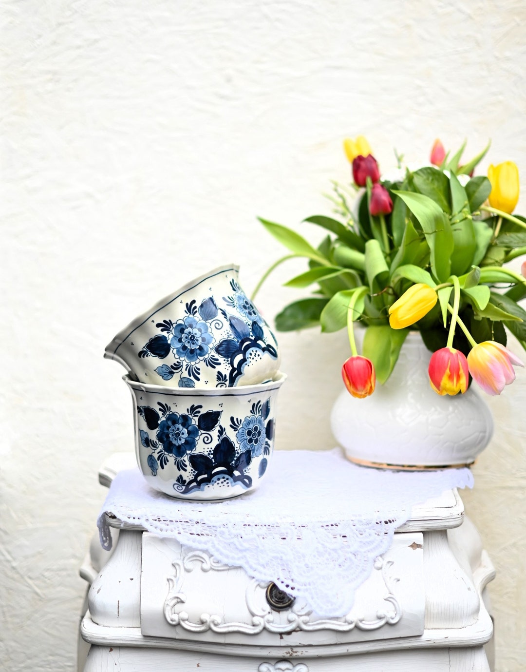 Vintage Set Van 2 Rare Delft Flower Pots, Hand-painted, Delft Blue ...