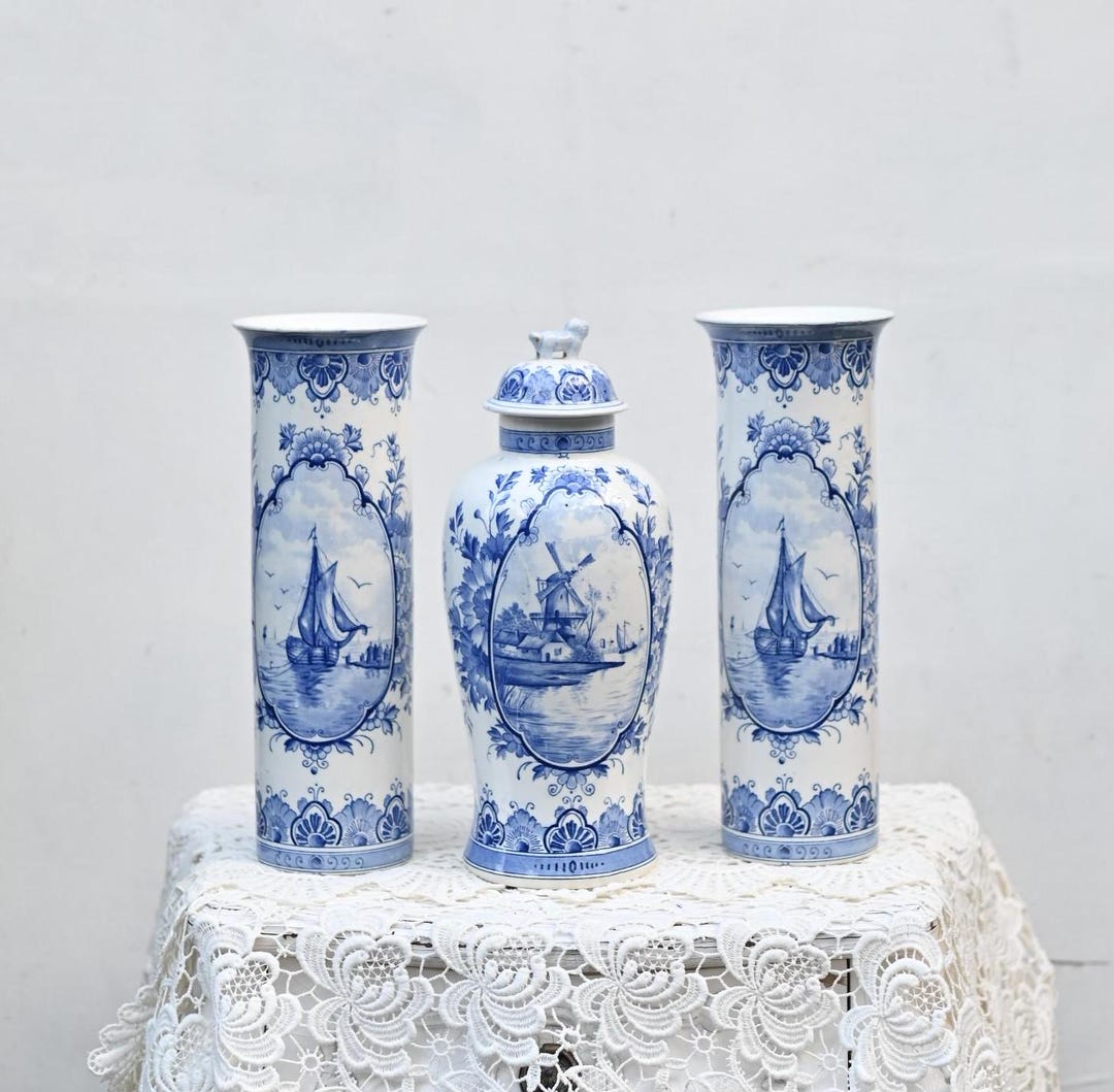 Antique Delft Blue Set, With 1 Lidded Pot and 2 Vases. Beautiful Set ...