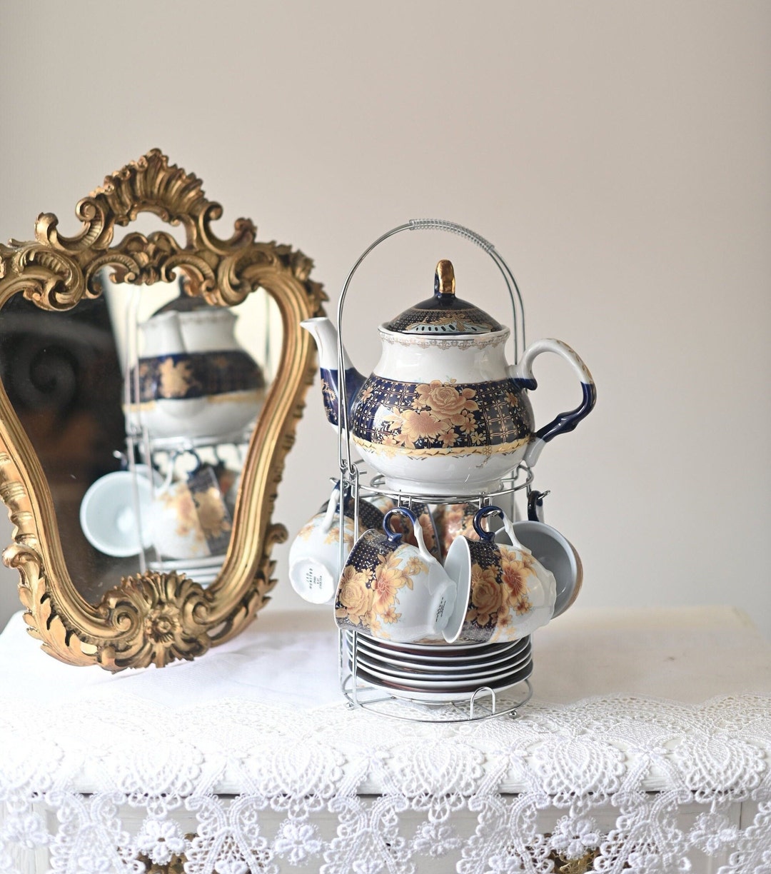 Vintage JSD Oneida Coffee Set: Floral Teapot, Cups & Saucers With Rack ...