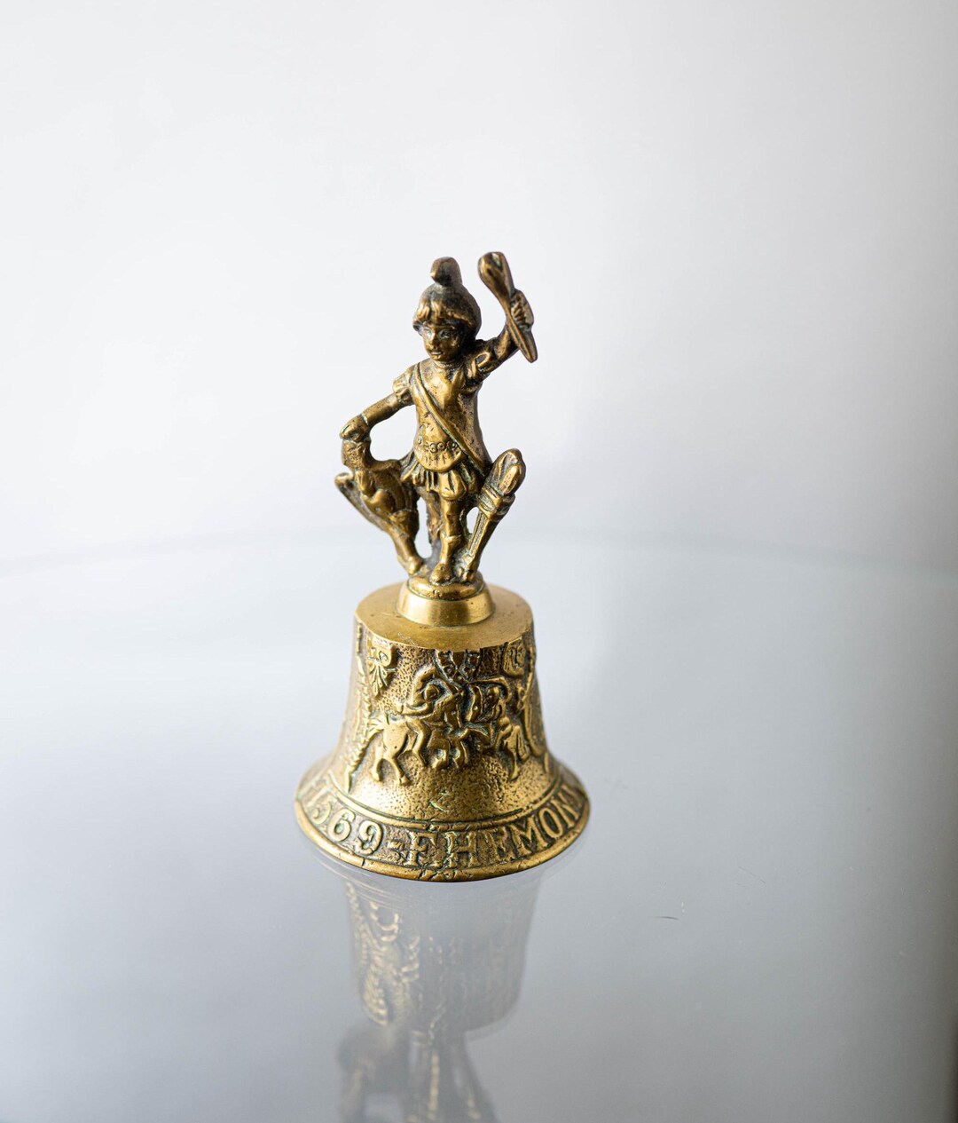 Antique Large Figural Table Bell With Slogan Coat of Arms Shield Table ...