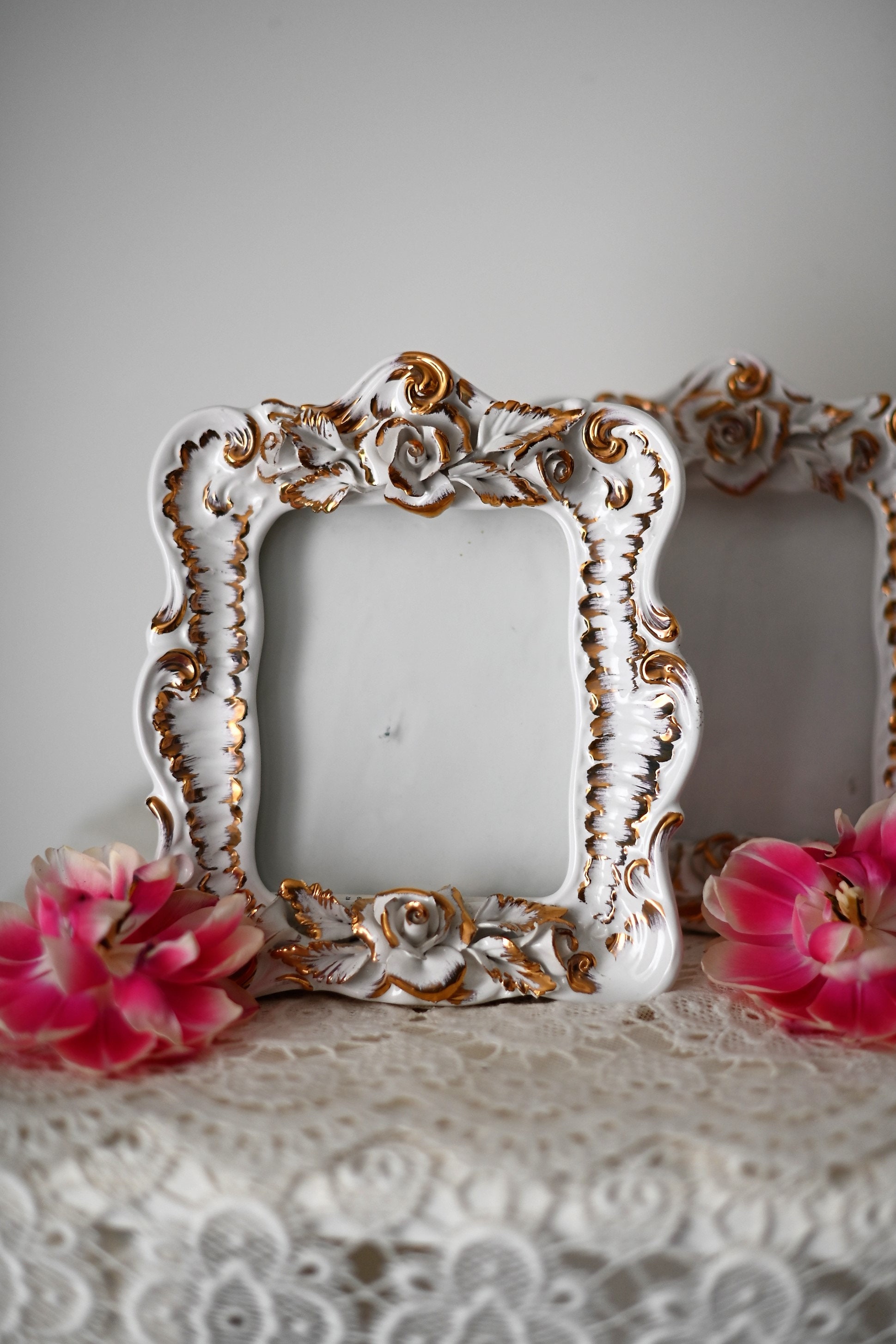 Vintage 2 Picture Frames Capodimonte White Porcelain, With Gold Painted ...