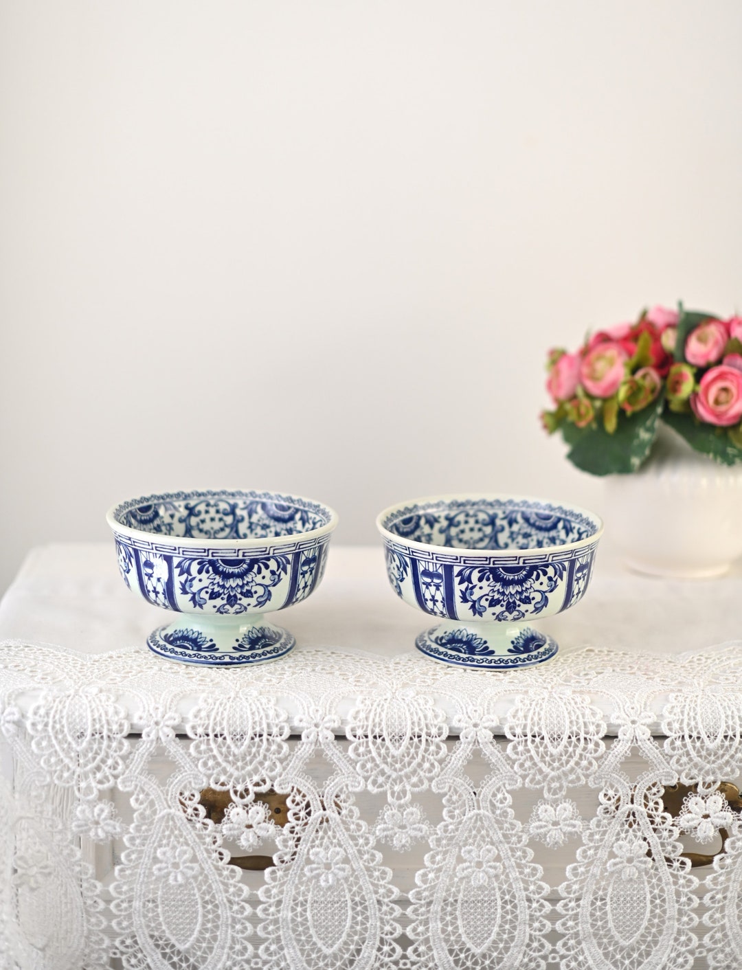 Antique Set of 2 Delft Blue Bowls / Flower Pots, Homestead Pottery ...