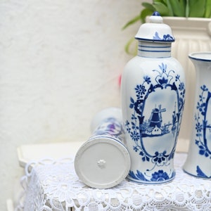 Antique Delft Blue Set, Series With 1 Lidded Pot and 2 Vases. Beautiful ...