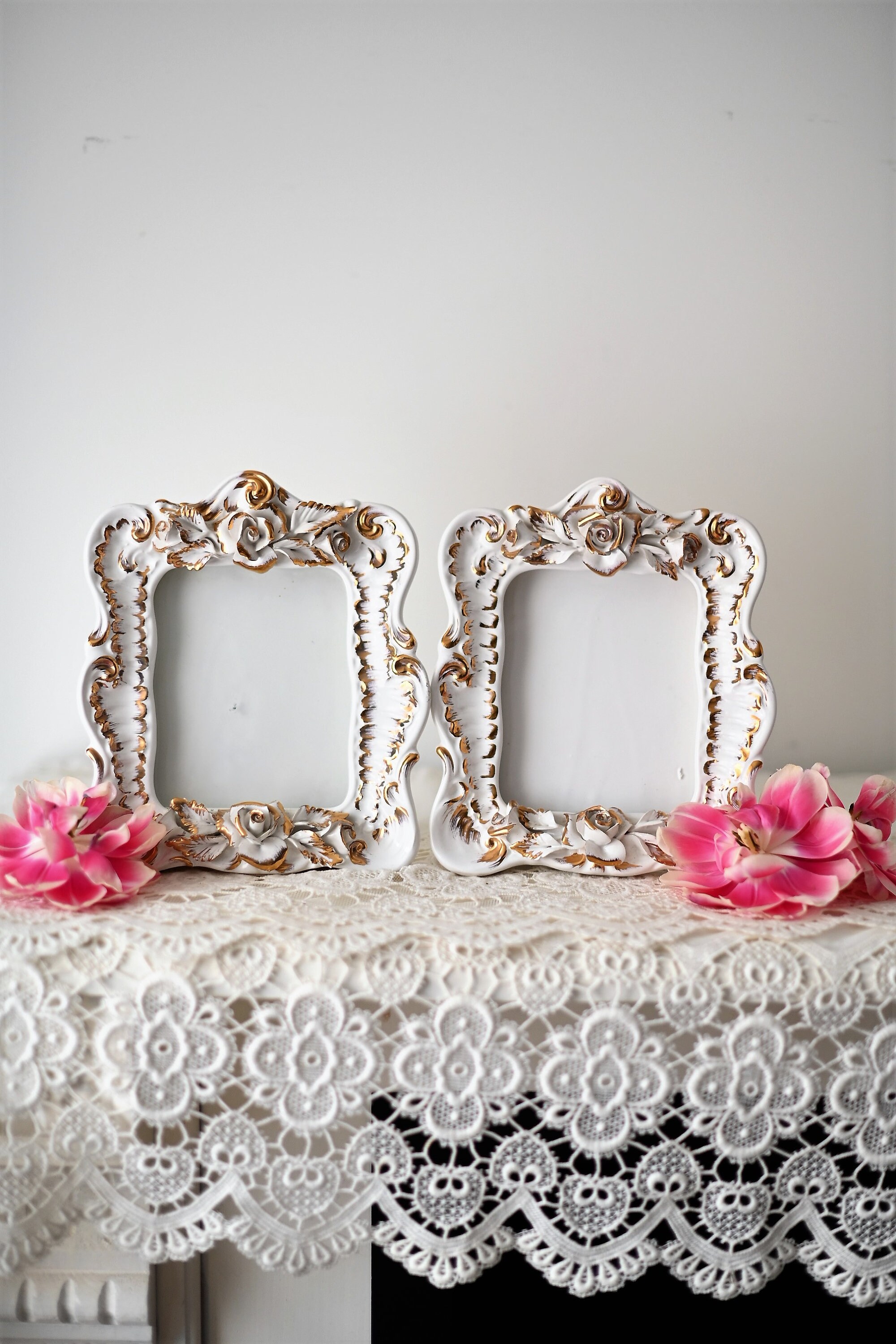 Vintage 2 Picture Frames Capodimonte White Porcelain, With Gold Painted ...