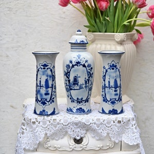 Antique Delft Blue Set, Series With 1 Lidded Pot and 2 Vases. Beautiful ...