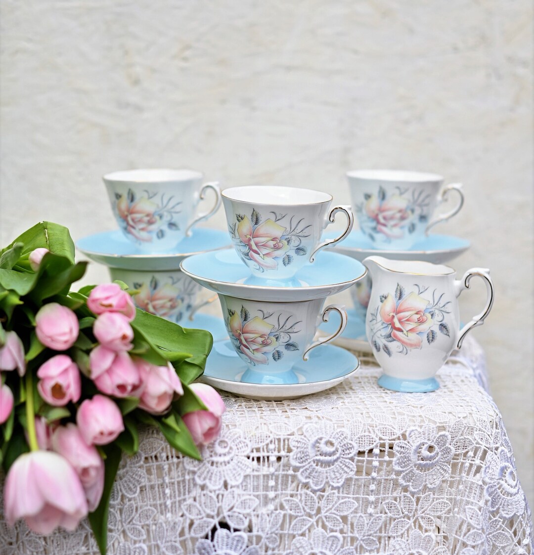 Vintage Royal Grafton Mayfair Tea Set: Sky Blue Roses, Fine Bone China ...