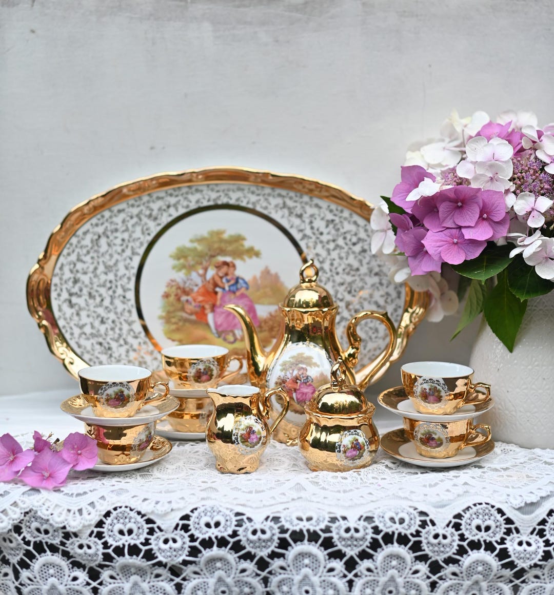Vintage Fragonard Bavaria Gold Tea Set for 6 People With Tray Bone ...