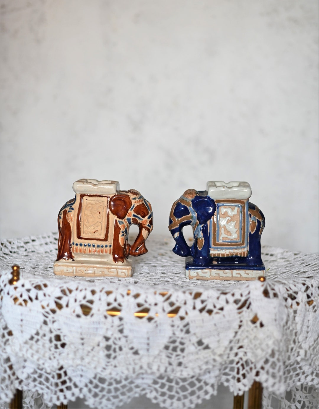 2 Vintage Keramische Geglazuurde Olifant Plant Stand / Jardiniere ...