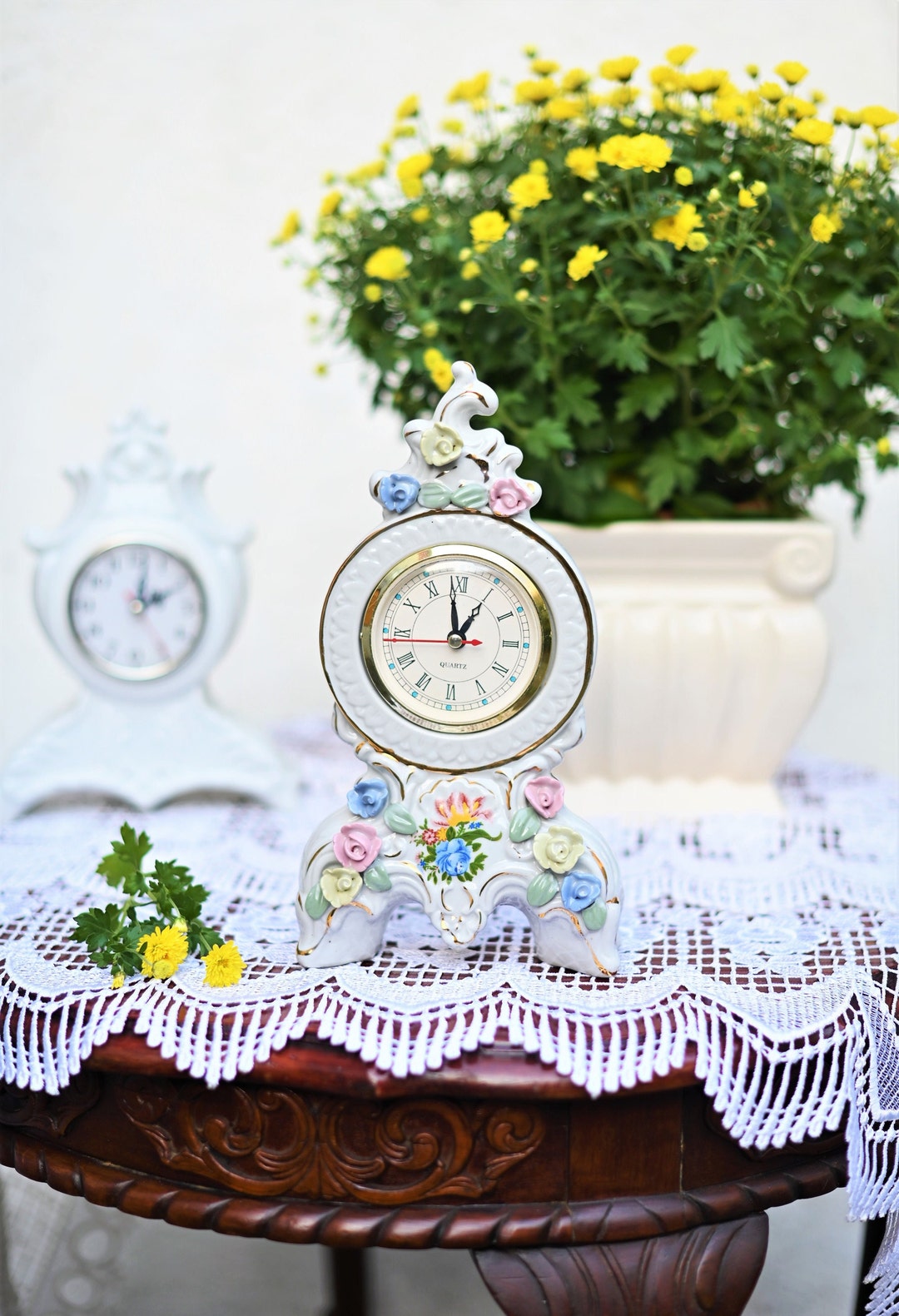 Vintage White Clock With Colored Flowers. Victorian Style, Hand Painted ...