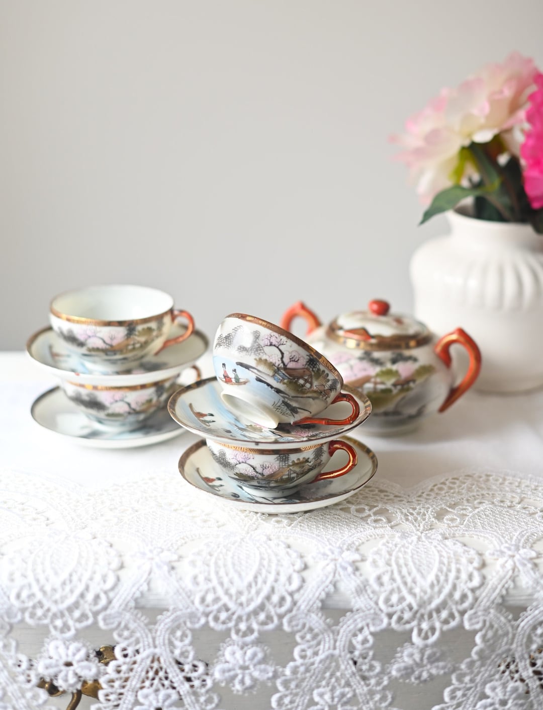 Vintage Japanese Egg Shell, Tea Set for 4 People (4 Cups and Saucers ...