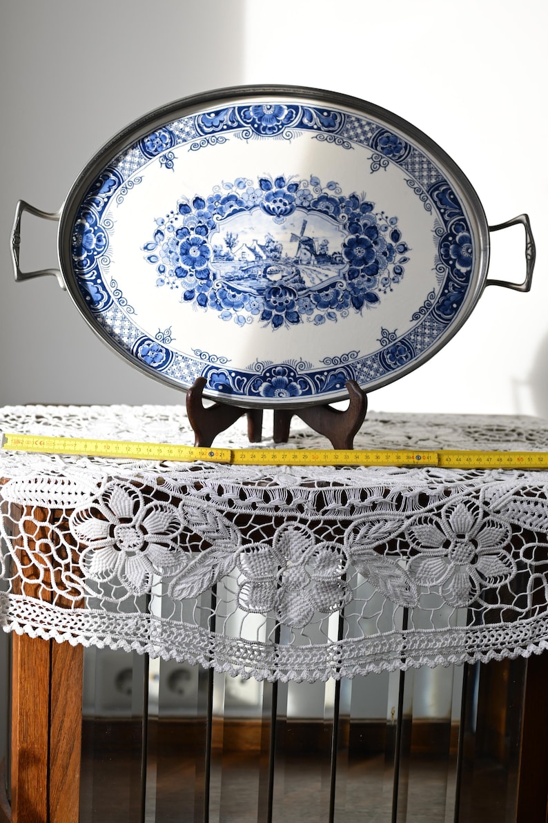 Vintage Delft Blue Serving Tray – Dutch Windmill Scene, Metal Handles ...