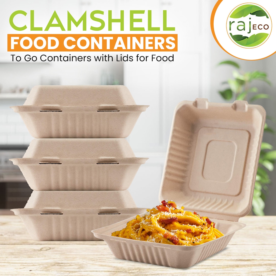 Raj Eco to Go Containers Compostable Clamshell Disposable, 8x8 50-pack ...
