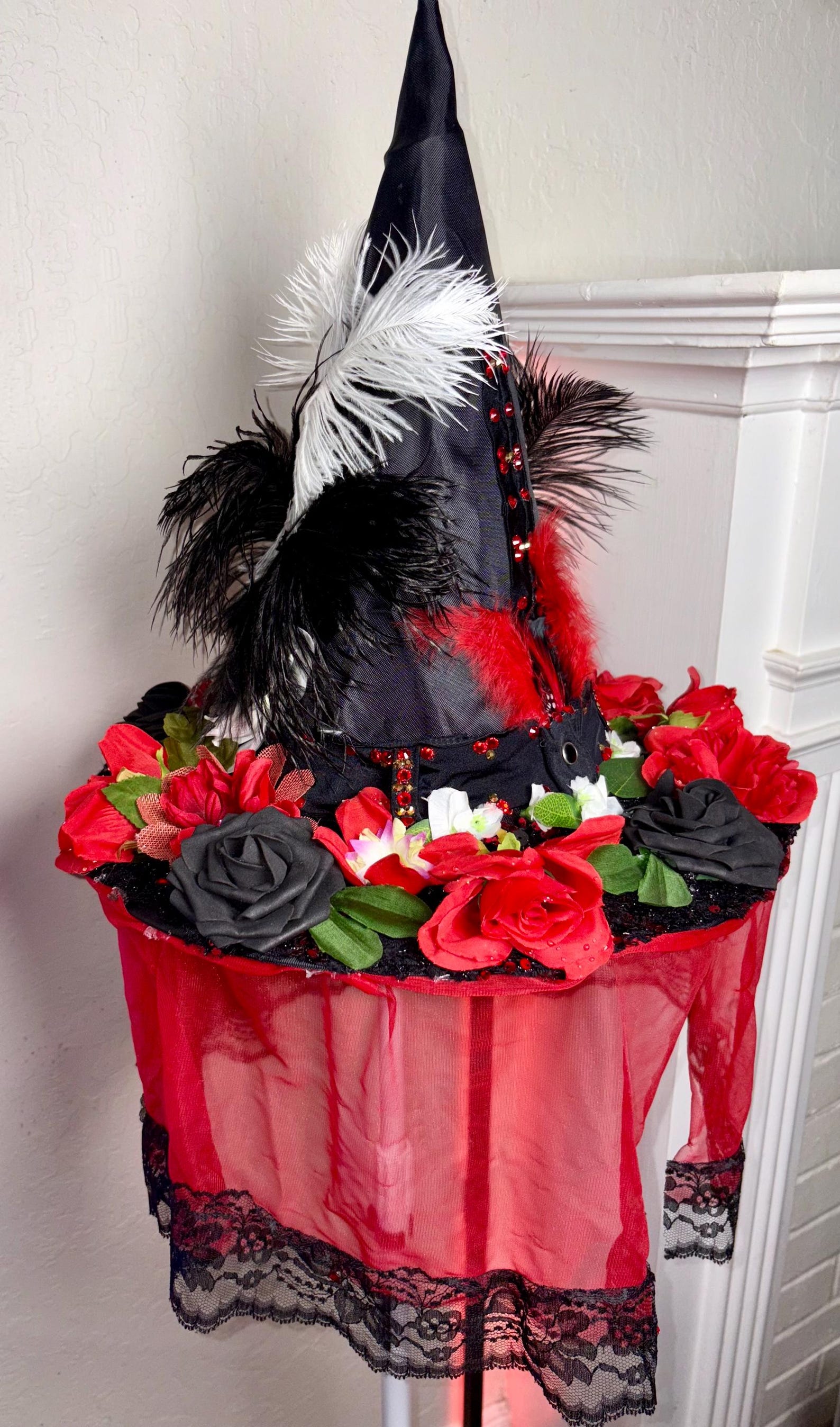Red and Black Witch Hat, Rhinestones, Feathers, Cosplay Costume - Etsy