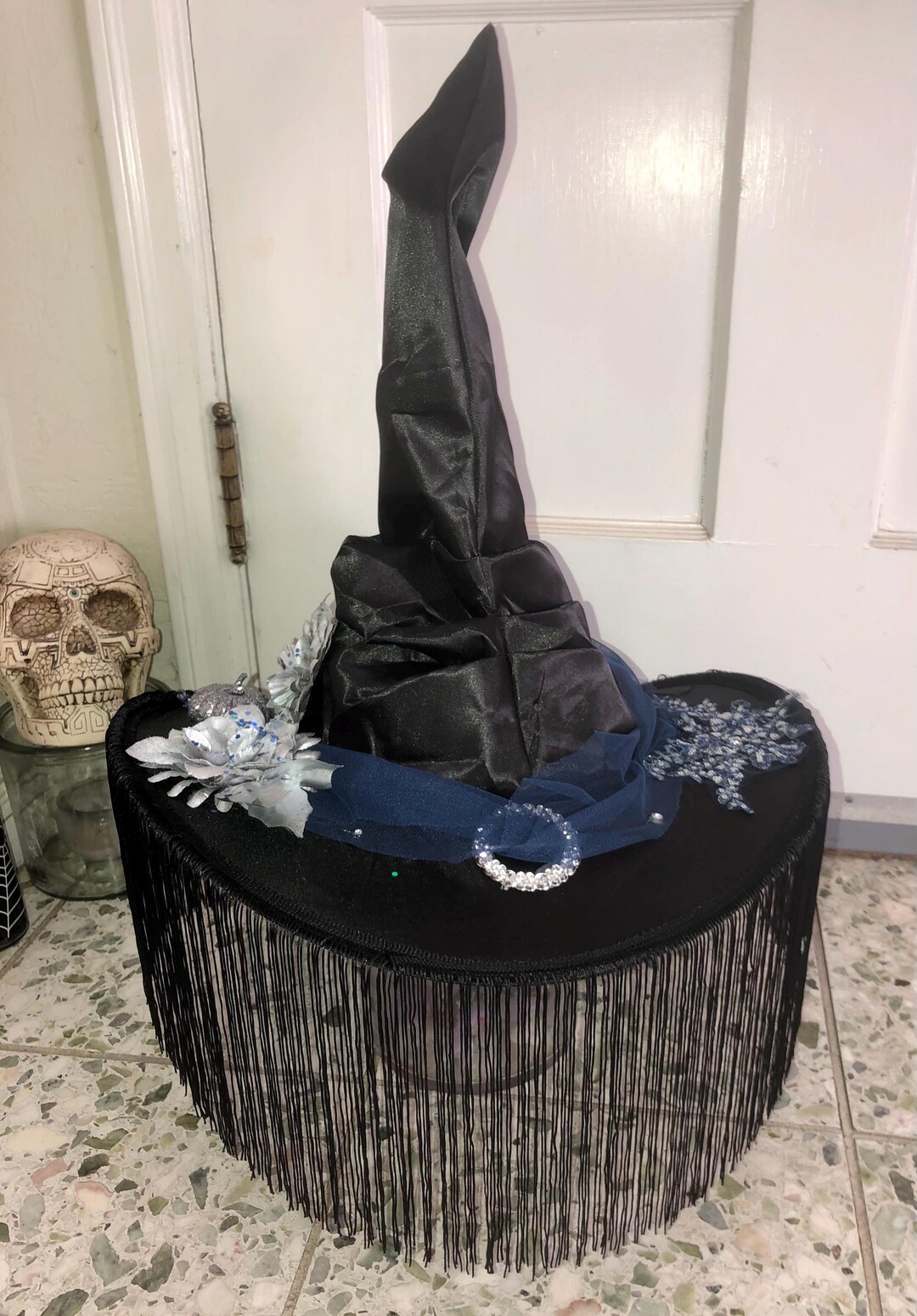 ICE Queen Fringe Witch Hat. Blue and Black Sparkle Witch Hat for Women ...