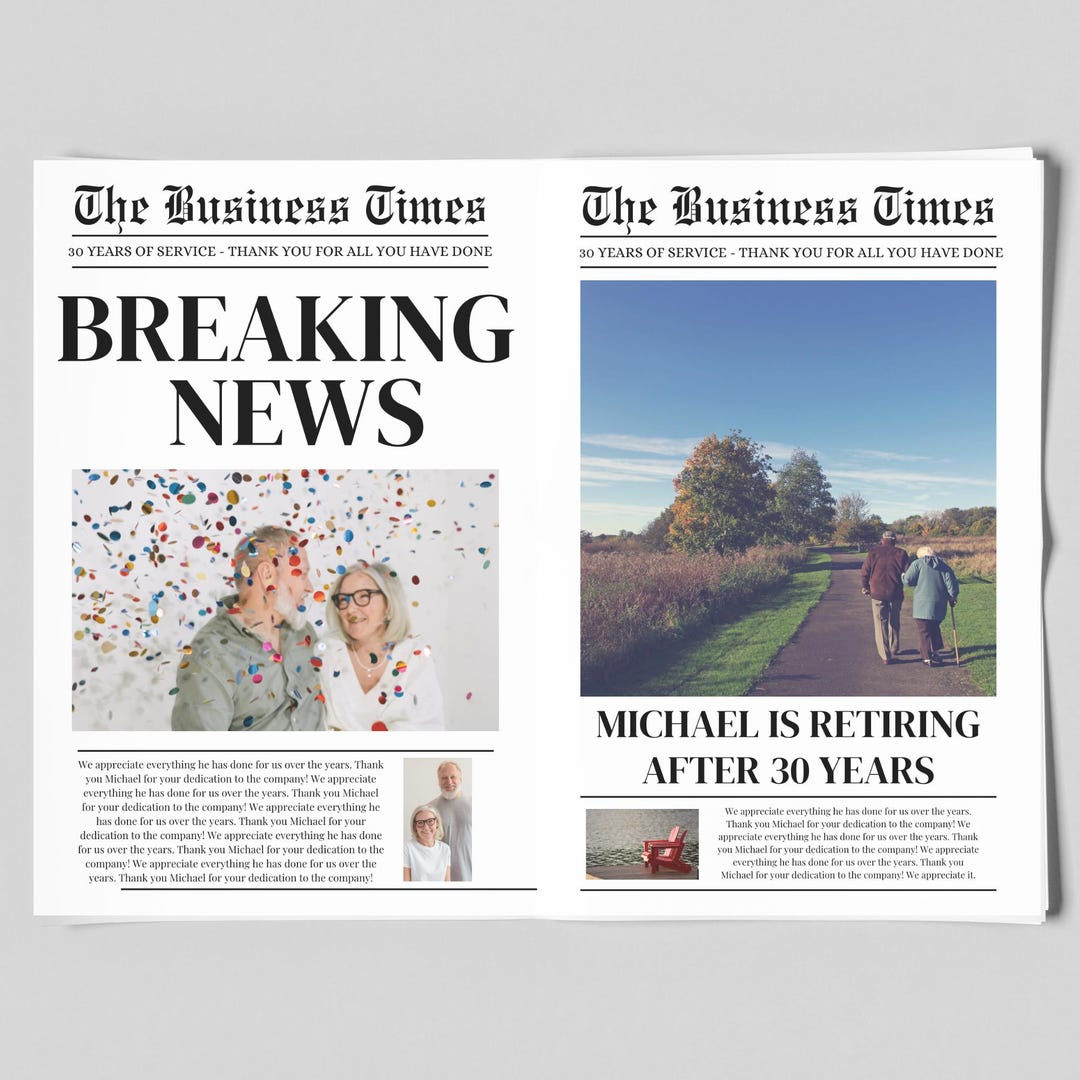 Custom Retirement Gift, Retirement Newspaper Template, Thank You Gift ...