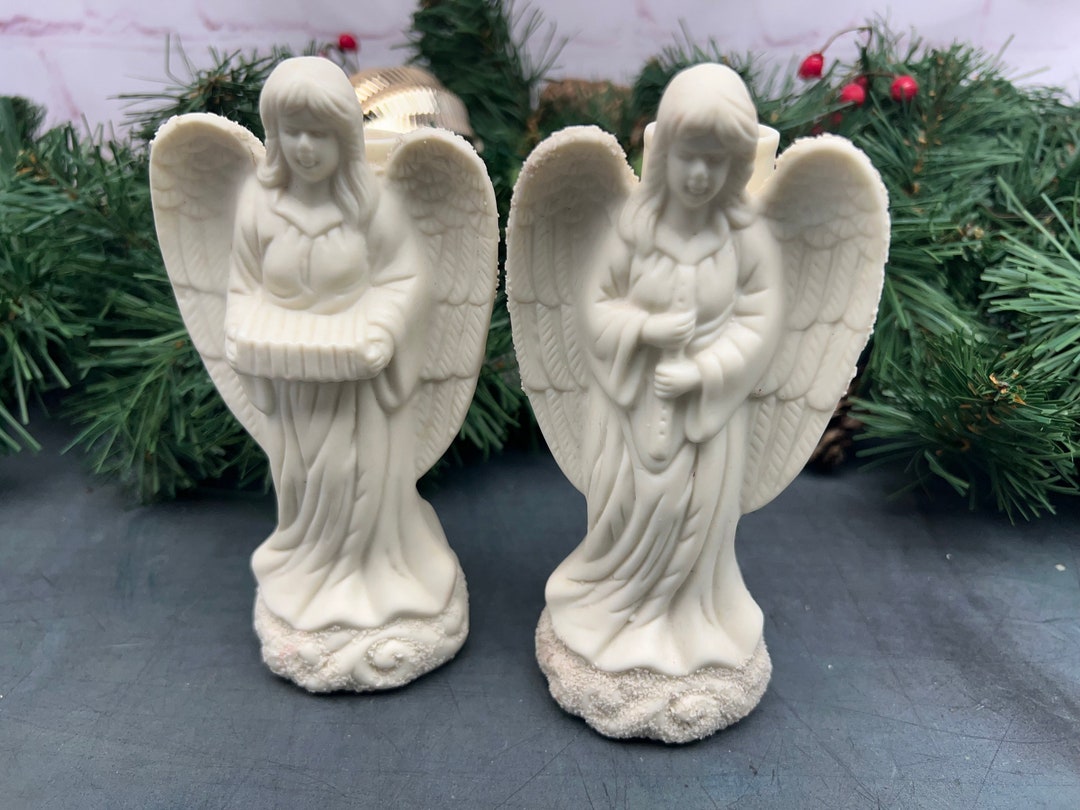 Bisque Ceramic Christmas Angel Figurines Set of Two With Textured Snow ...