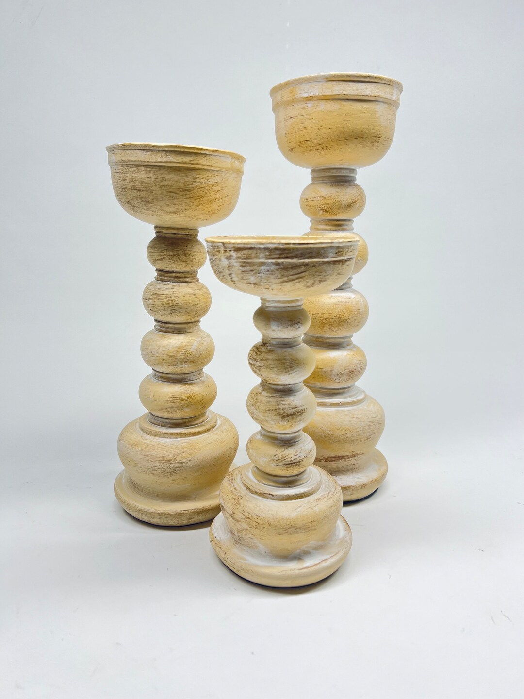 Vintage Pickled Whitewash Pillar Candle Holder Set - Etsy