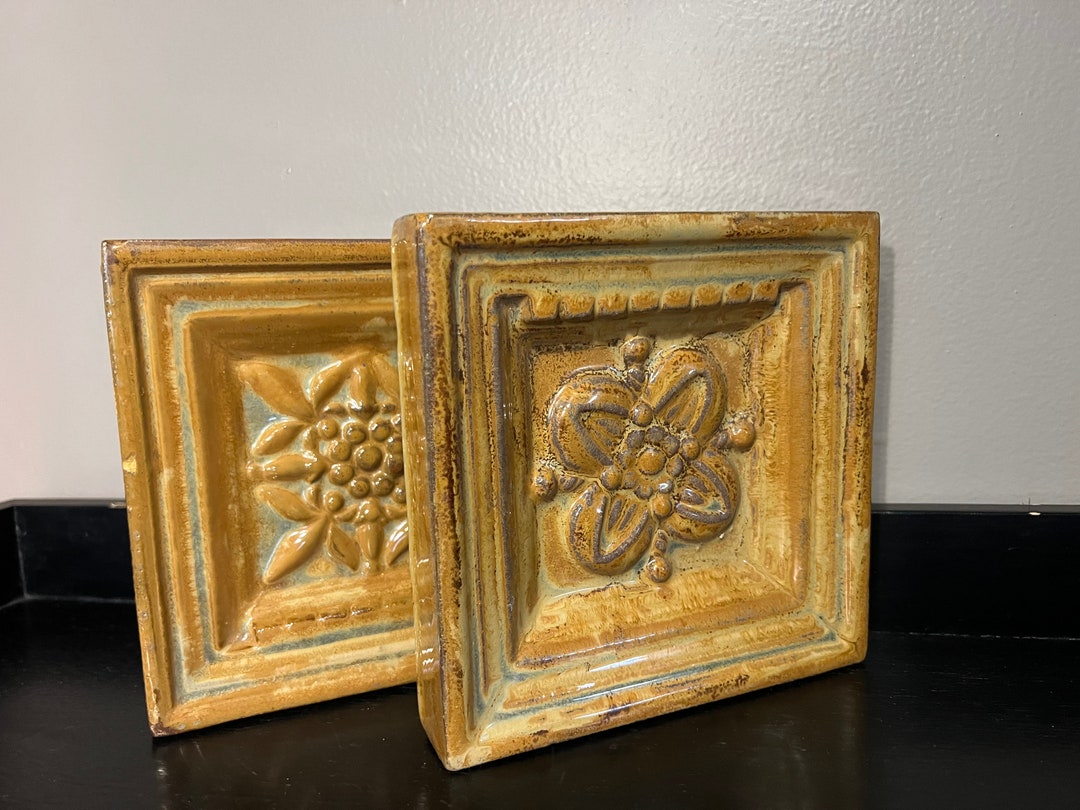 Vintage Glazed Pottery Tiles Wall Art Abstract Relief Set of Two Heavy ...