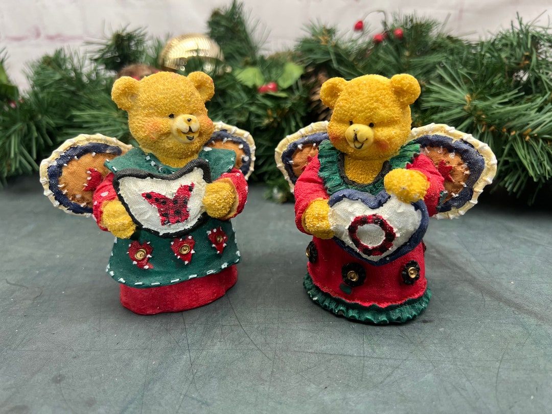 Patchwork Teddy Bear Angel Christmas Figurines Set of Two Resin ...
