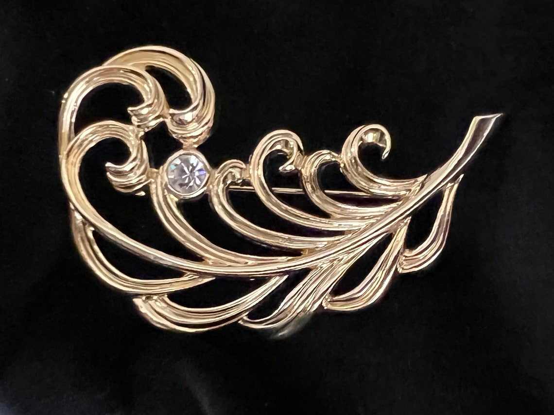 Vintage Gold Feather Brooch Pin With Crystal Accent - Etsy
