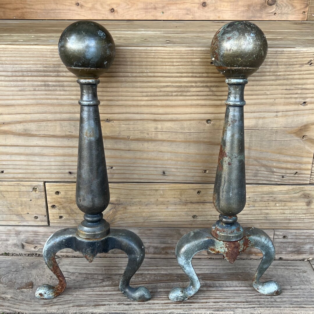Antique Colonial Brass Andirons Ornamental Front Vintage Cannonball ...