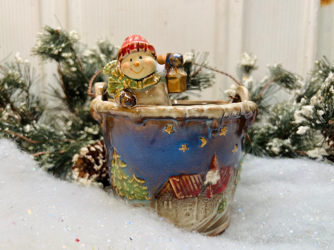 Ceramic Snowman Pail With Wood and Wire Handle Christmas Pottery Bucket ...