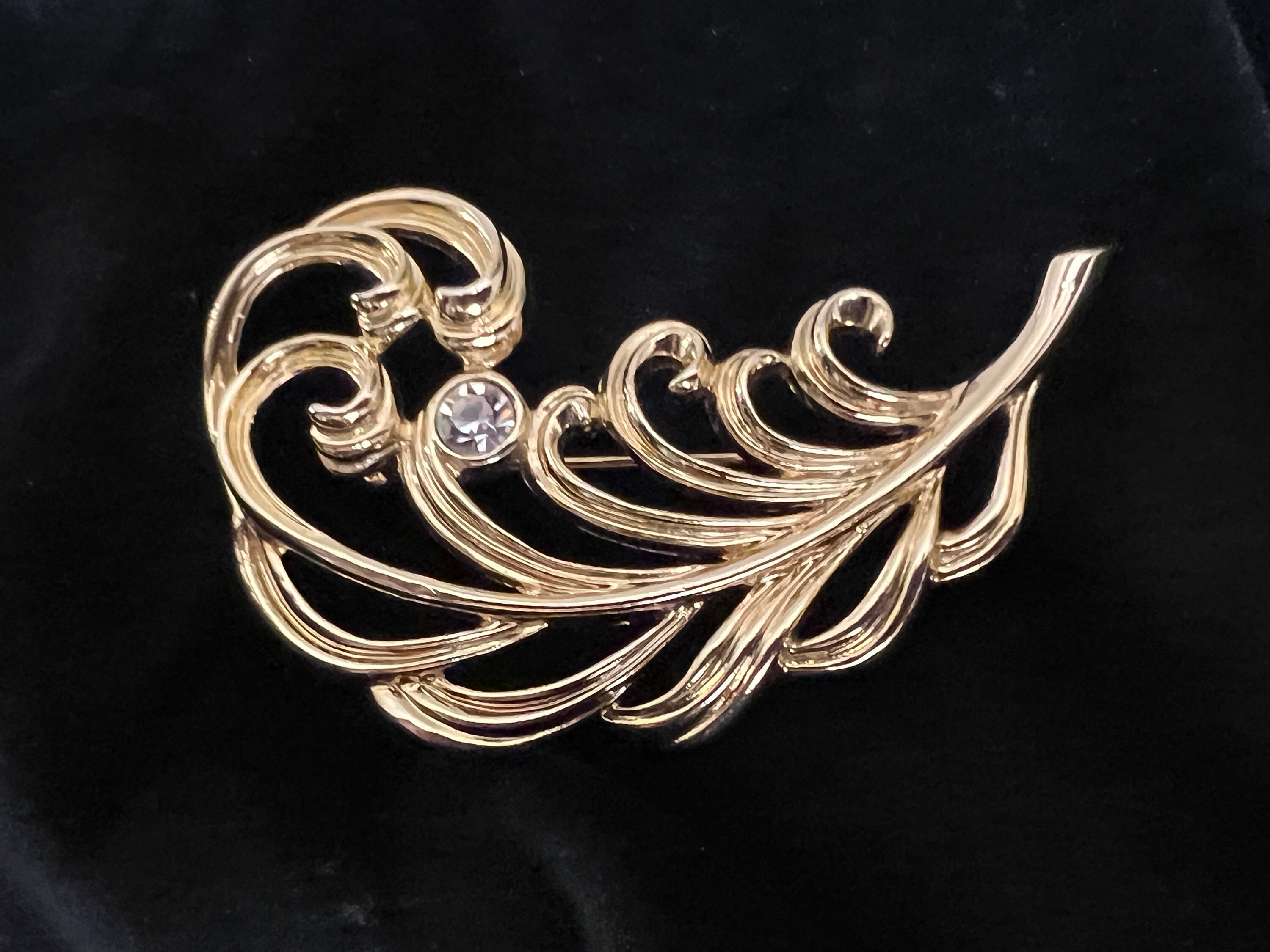Vintage Gold Feather Brooch Pin With Crystal Accent - Etsy