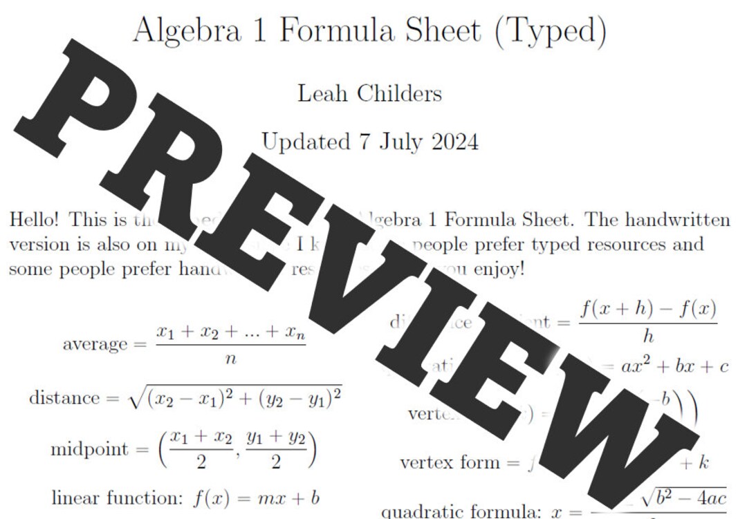 Algebra 1 Formula Sheet (typed) - Etsy