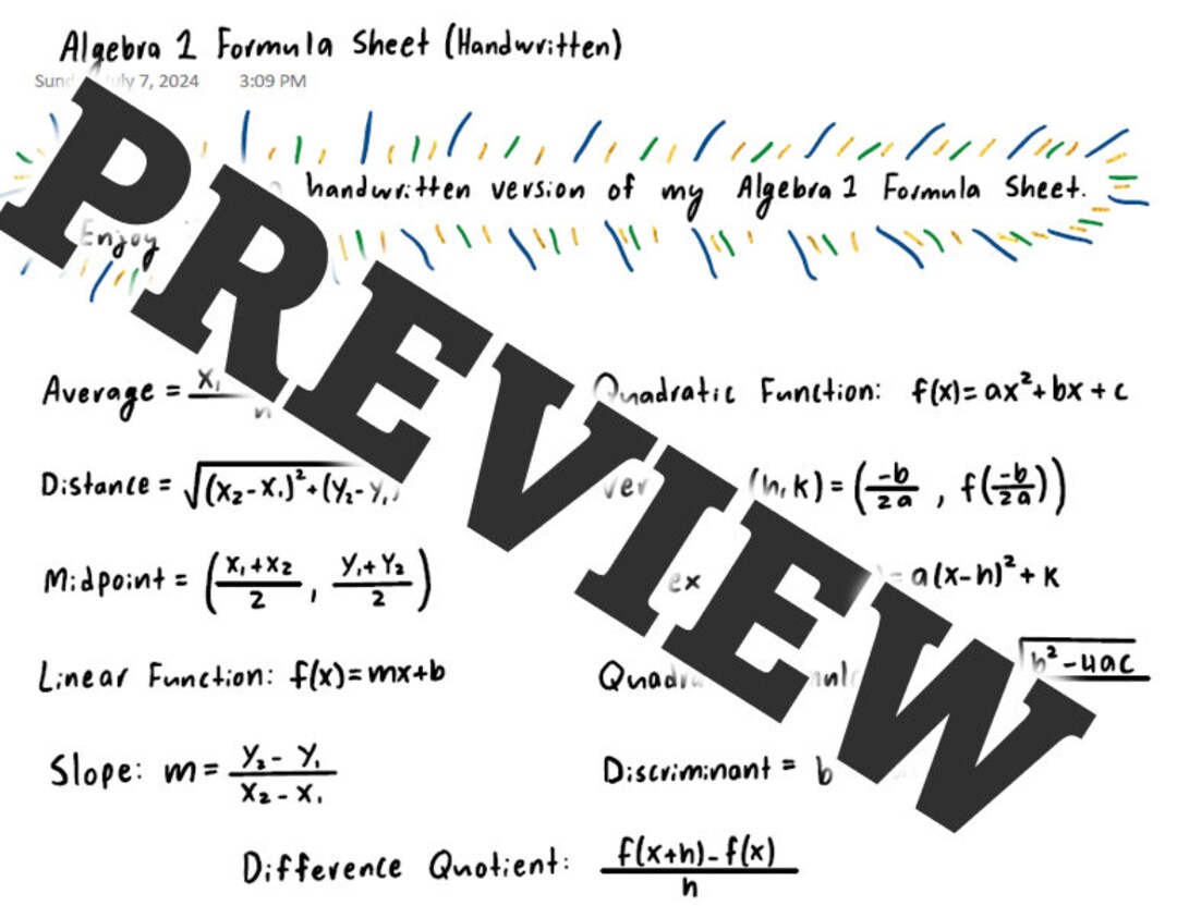 Algebra 1 Formula Sheet (handwritten) - Etsy